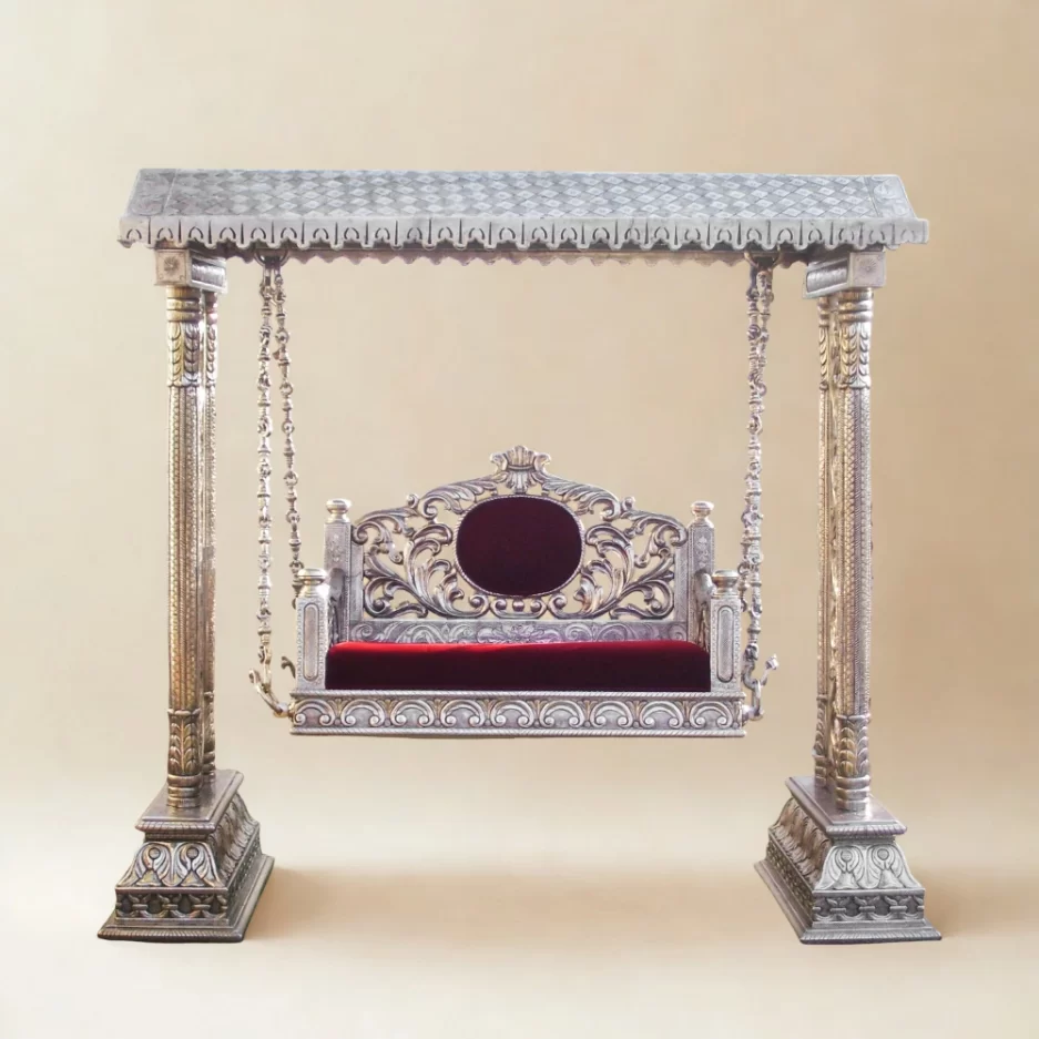 Indian Silver Swing, made of teak wood clad silver Luxury Jhula