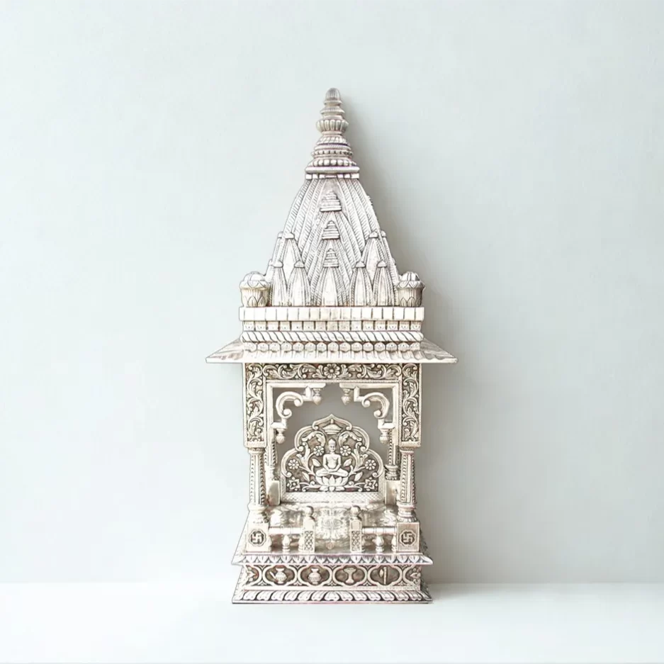 Silver Home Mandir | God Idol | Made of Fine Silver & Teak