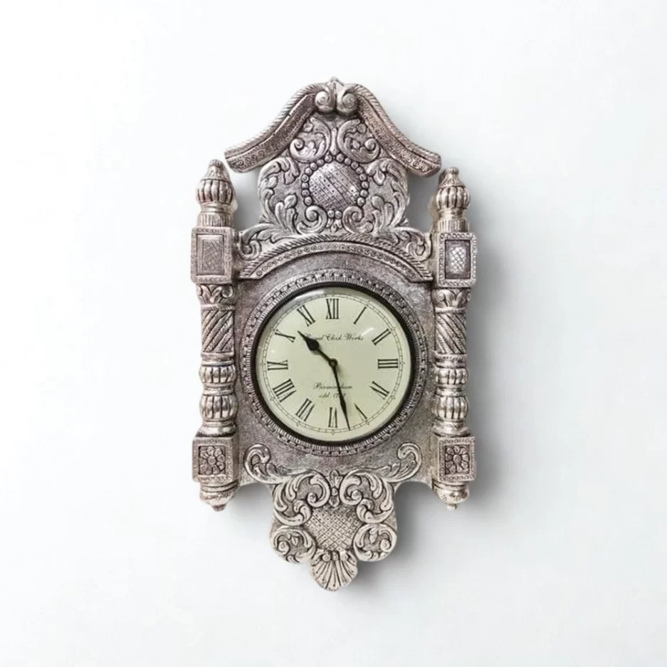 Hand Carved Wall Clock | Silver Clad Teakwood Timepiece