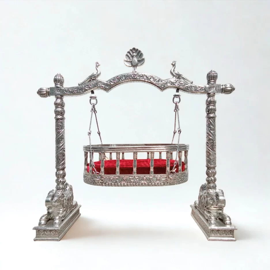 Silver Baby Cradle in Handcrafted Teakwood Frame | Buy Online